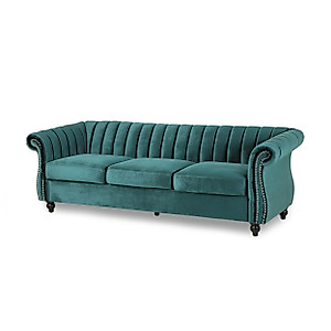 Merax Upholstered Chesterfield Sofa, 3 Seater Vintage Couch Rolled Arm for Living Room Bedroom Office, Teal