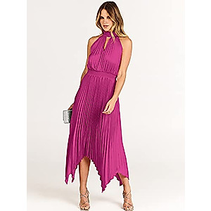 ANRABESS Women's Sleeveless Cutout Halter Neck Satin Formal Dress Smocked Pleated Asymmetric Party Cocktail Maxi Dress Elagant Wedding Guest Evening Graduation Prom Dress 752meihong-M Rose