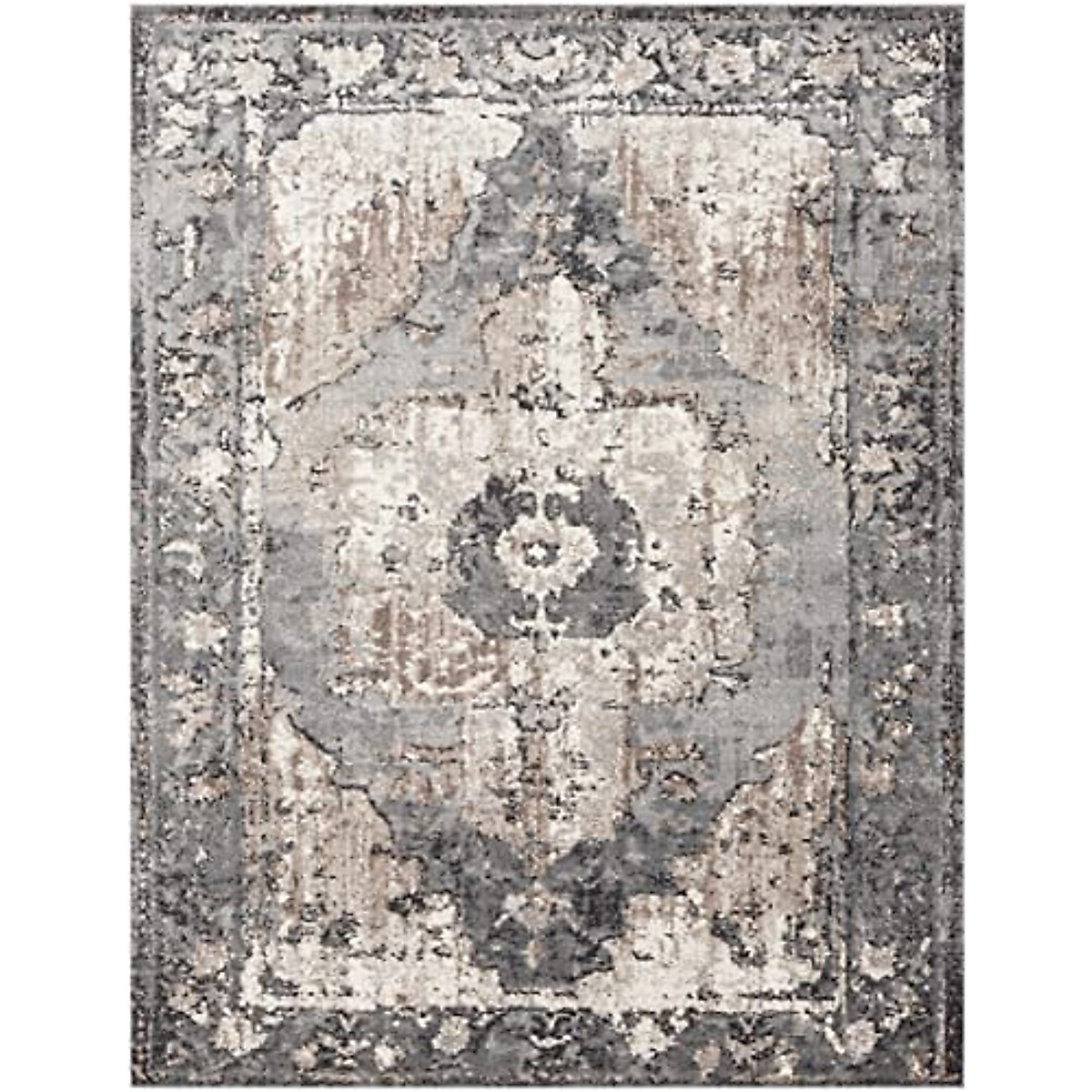 Hartshone Bohemian Farmhouse Living Room Bedroom Dining Room Area Rug - Boho Vintage Distressed - Persian Tribal Style Carpet - Dark Brown, Grey, Tan, Beige, Khaki, Charcoal, Light Black - 6'7" x 9'
