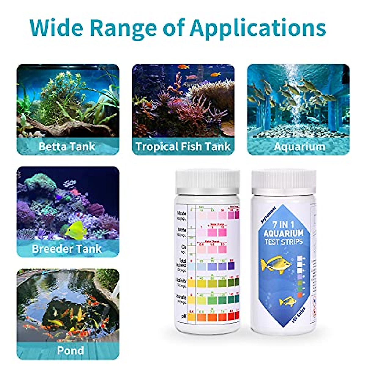 7-Way Aquarium Test Strips, 100 Strips Aquarium Testing Kit for Freshwater Saltwater, Fish Tank Pond Test Strips Testing pH, Alkalinity, Nitrite, Nitrate, Chlorine, Carbonate, Hardness