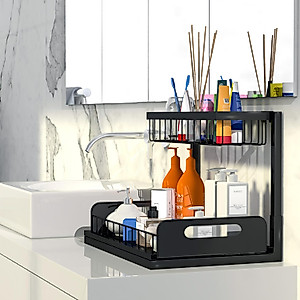 waoory Under Sink Organizer,2 Tier Pull Out L-Shape Cabinet Organizer Sink Shelf Cabinet Storage Shelves Multi-Purpose Sink Organizer for Bathroom Kitchen Drawer,Sturdy Metal,Black