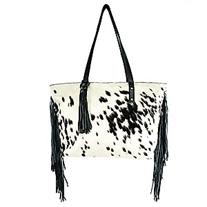 bonanza leathers women's cowhide leather large shoulder tote bag with fringes and zipper closure 505 (black)