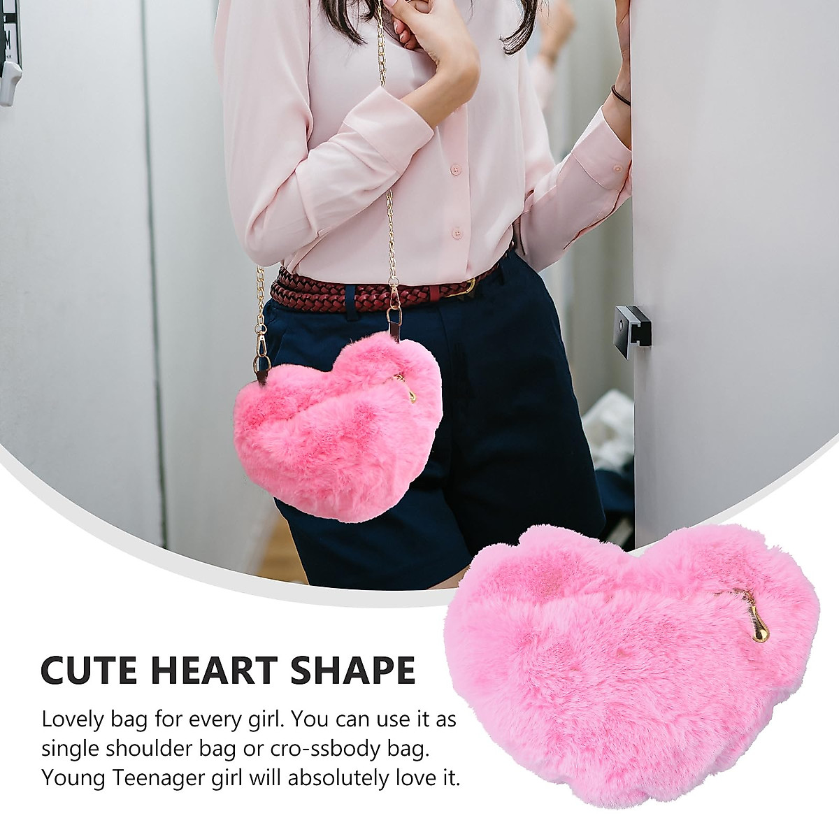 Heart Shaped Purse for Women Heart Shaped Purse Soft Fluffy Faux Fur Crossbody Bag Handbag Shoulder Bag with Chain for Women Girls Valentines Day Heart Shaped Handbag Pink Heart Shaped Purse Fluffy