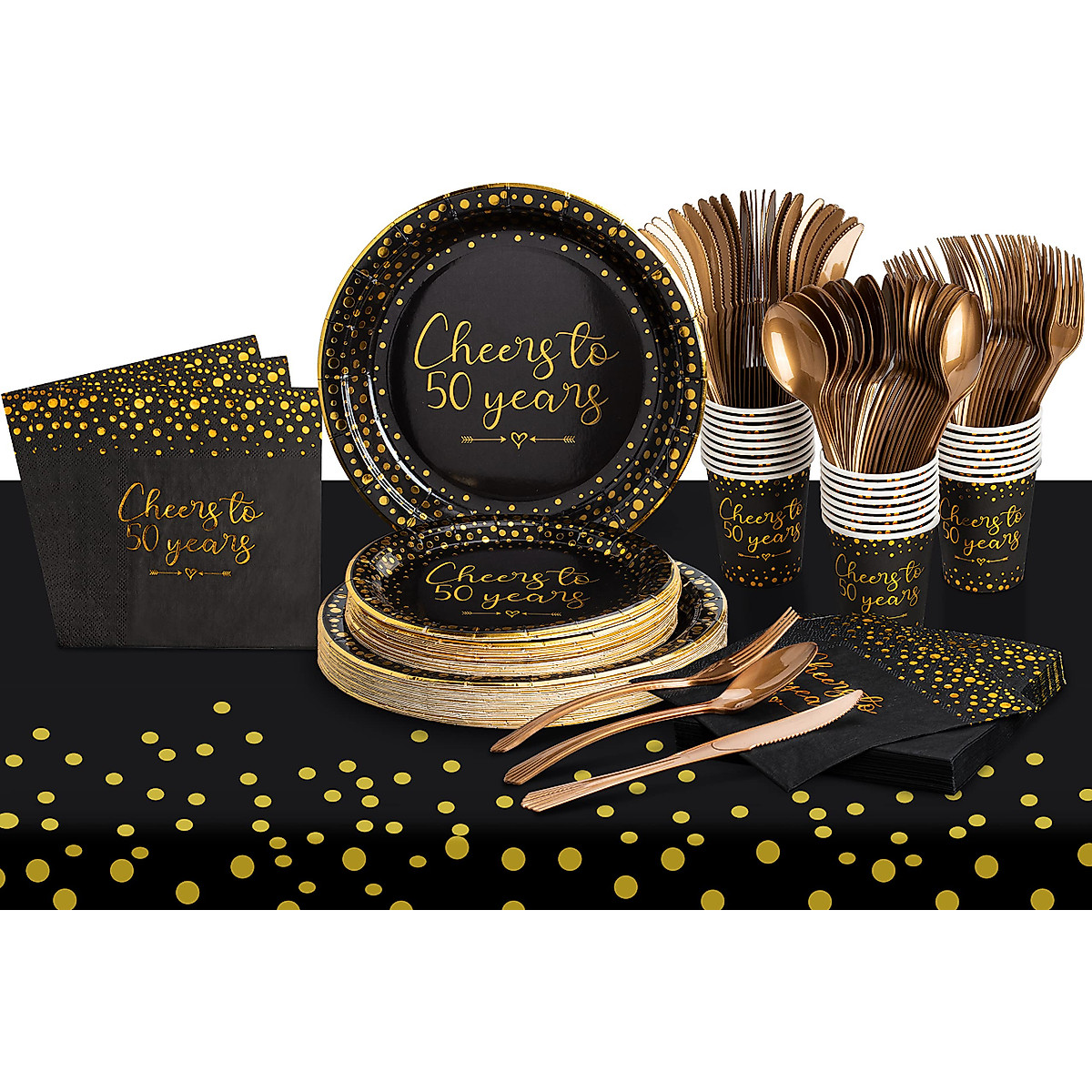 Sparkles Hub 50th Birthday Party Supplies Tableware Serves 24: 9" Paper Plates 7" Plate 9 Oz Cups Napkins Forks Knives Tablecloth 50th Birthday Black & Gold Dot Themed Disposable Dinnerware