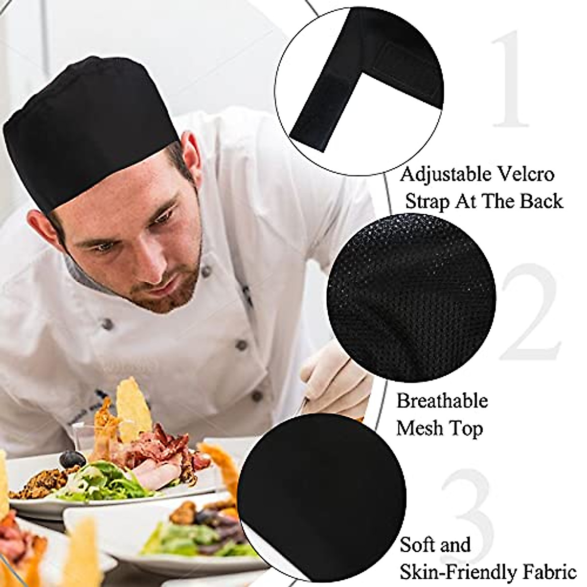 4 Pack Unisex Chef Hats Adjustable Kitchen Cooking Caps with Breathable Mesh Top Black
