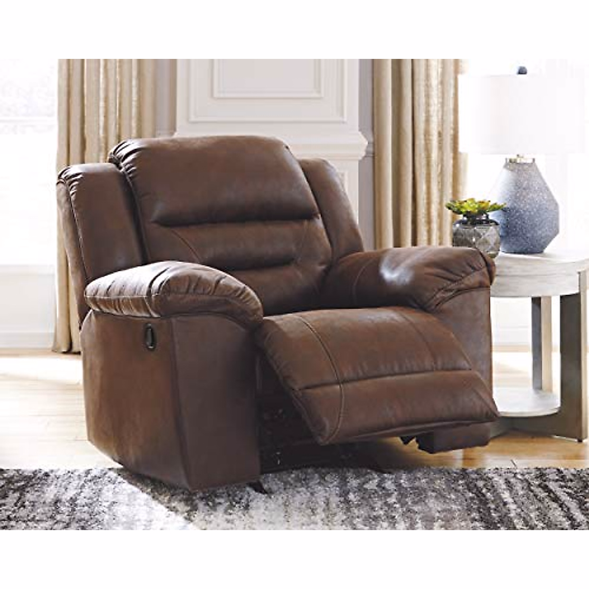 Signature Design by Ashley Stoneland Faux Leather Manual Pull Tab Rocker Recliner, Dark Brown