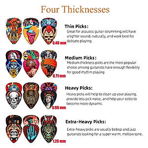 Guitar Picks,24 Pack Celluloid Thin, Medium, Heavy & Extra Heavy Picks with Tin Box,Unique Artistic Variety Pack Guitar Pick for Acoustic Guitar,Bass Guitar, Electric Guitar (Mix three)