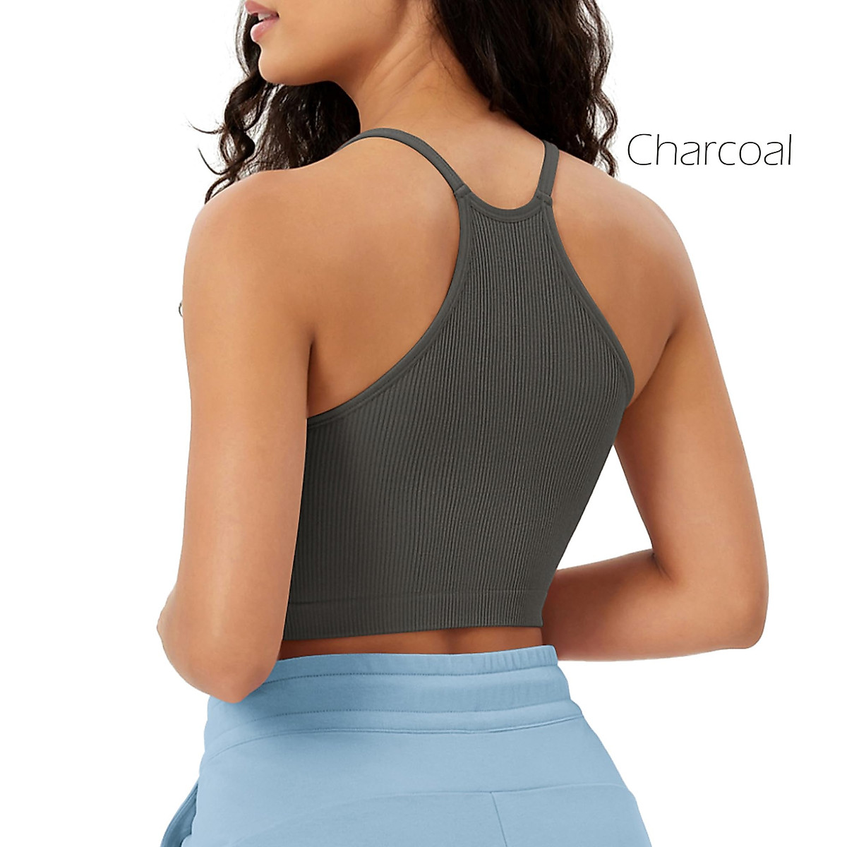 ODODOS Women's Crop 3-Pack Seamless Rib-Knit Camisole Crop Tank Tops, Mushroom Taupe Charcoal, X-Small/Small