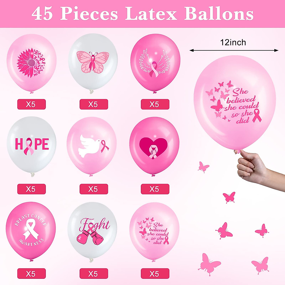 45 Pcs Breast Cancer Awareness Balloons Pink Ribbon Latex Balloons Breast Cancer Balloon Bundle for Women Home Office Breast Cancer Awareness Party Supplies Indoor Outdoor Decor, 12 Inch