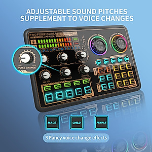 Hosabely Sound Effects Board, Audio Interface with Voice Changer and LED Lights, Live Sound Board for PC Phone Microphone, Audio Mixer for Karaoke, Streaming, Recording, Gaming