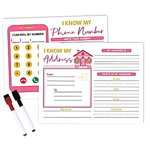 Inkdotpot Dry Erase Practice Worksheet I Know My Address, I Know My Phone Number - Preschool, Kindergarten Laminated Worksheet, Homeschool Activities for Kids with 2 Dry Erase Markers