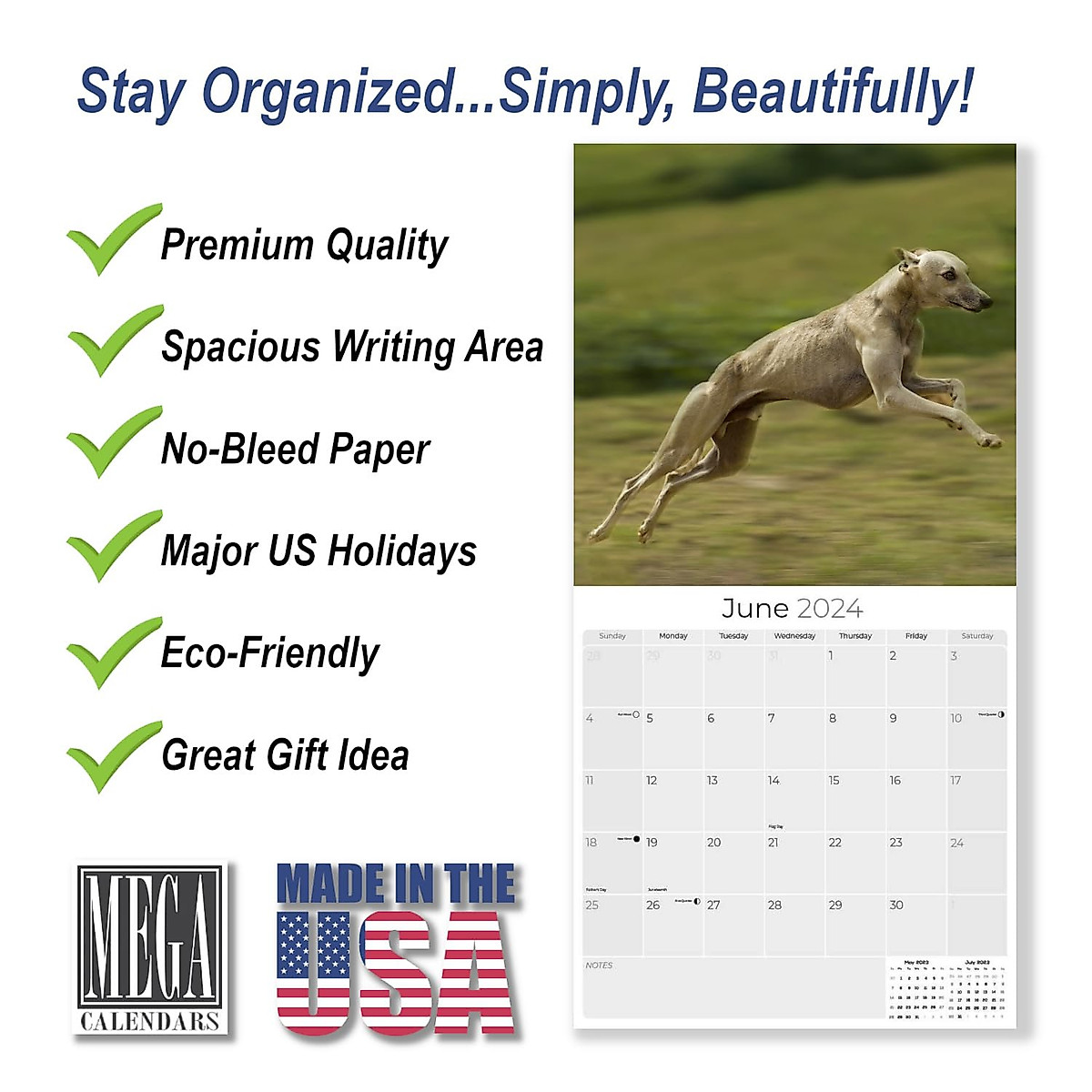 2023 2024 Whippet Calendar - Dog Breed Monthly Wall Calendar - 12 x 24 Open - Thick No-Bleed Paper - Giftable - Academic Teacher's Planner Calendar Organizing & Planning - Made in USA