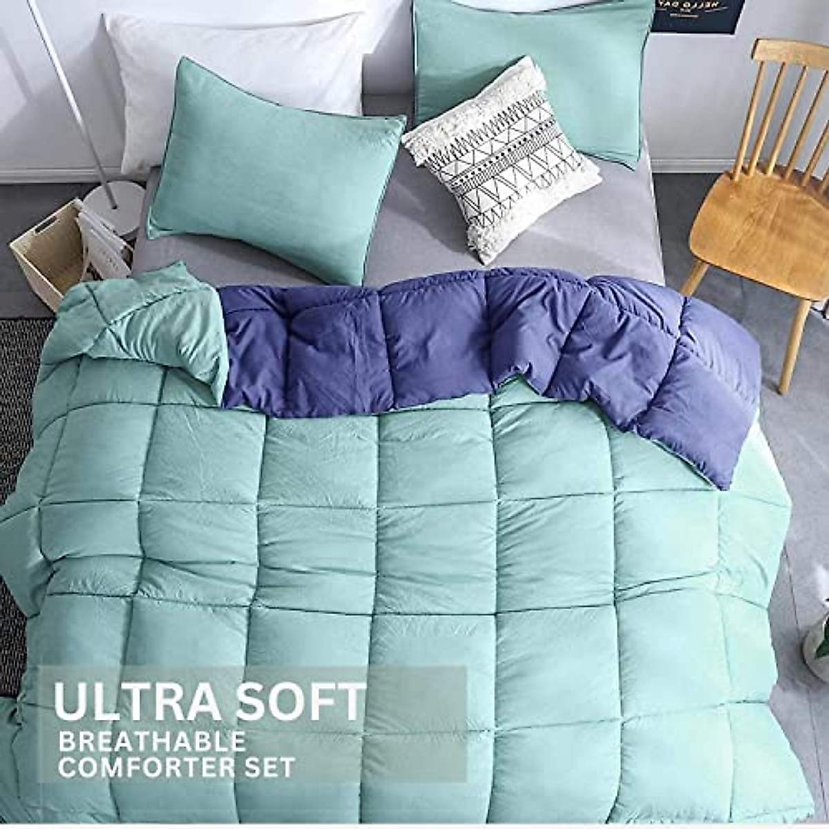 KASENTEX All Season Down Alternative Quilted Comforter Set Reversible Ultra Soft Duvet Insert Hypoallergenic Machine Washable, King, Turquoise Sea Green/Twilight Blue