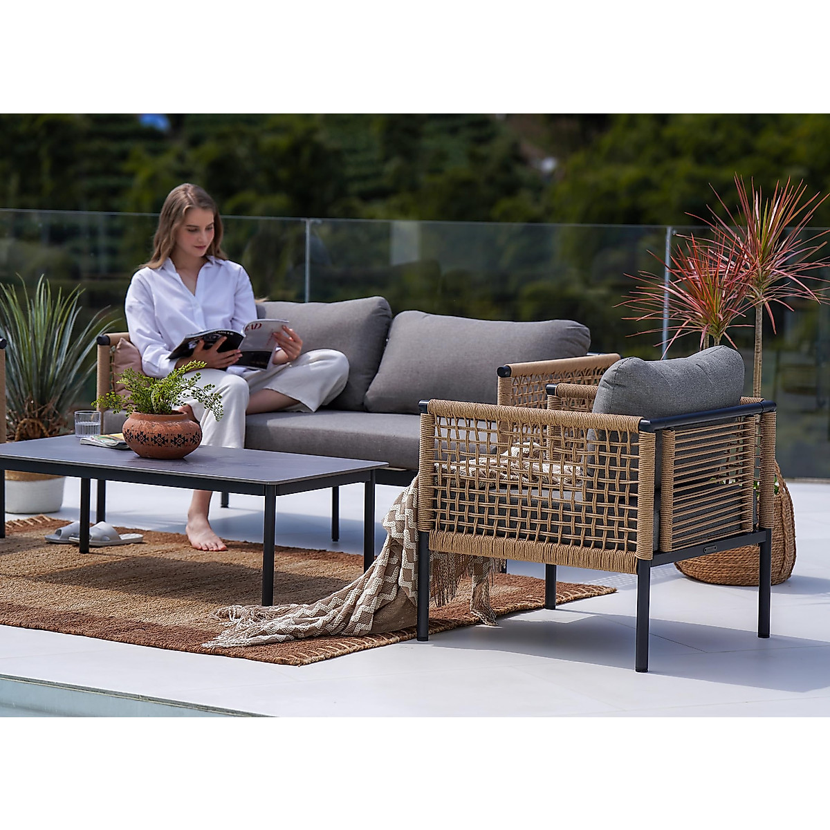 Grand patio 4-Piece Outdoor Conversation Set, Wicker Patio Furniture Set, Boho Patio Sofa Seating with Coffee Table for Garden, Backyard, Balcony, Gray