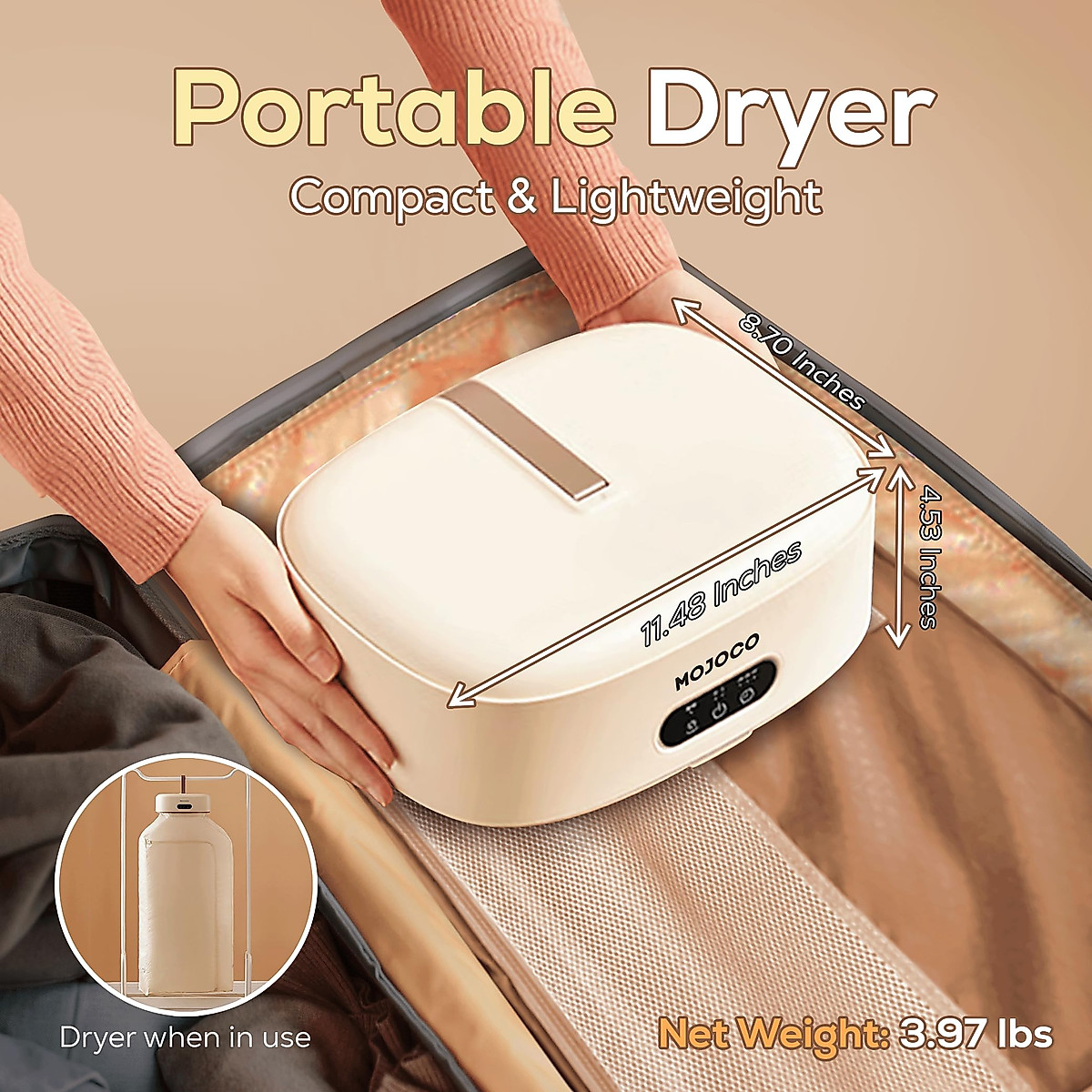 Mojoco Portable Clothes Dryer - Portable Dryer for Apartment, RV, Travel - Premium Mini Dryer Machine for Light Clothes, Underwear, Baby Clothes - Quick and Easy to Use Small/Compact Dryer Machine