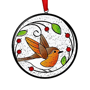 Bird Stained Glass Suncatcher Robin Bluebird Hand Painted Ornament Wall Window Hanging Double Side Redbreast Decor Birthday Lover Gift Box for Mom Grandma Teacher Women Friend with Memorial Card