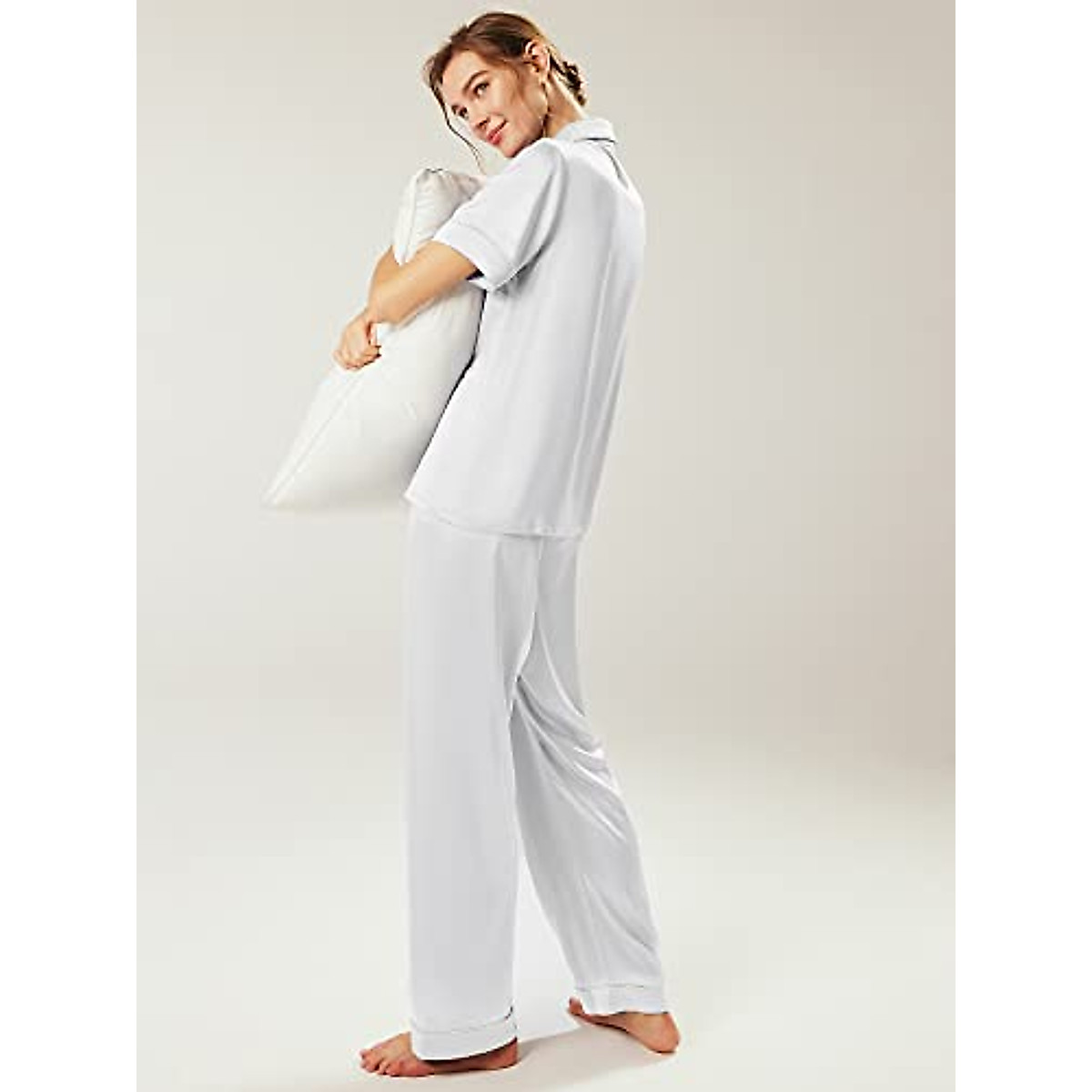 AW BRIDAL Womens Summer Pajamas Set Short Sleeve Silk Pajamas Button Up Pjs Bride Bridesmaid Pajama Set Gift, White M