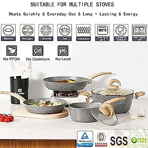 Vkoocy Gray Pots and Pans Set Non Stick, Ceramic Cookware Set Kitchen Cooking Sets Induction Pot and Pan w/Frying Pans, Saucepans, Casserole, Non-Toxic, PTFE/PFOA/PFOS-Free