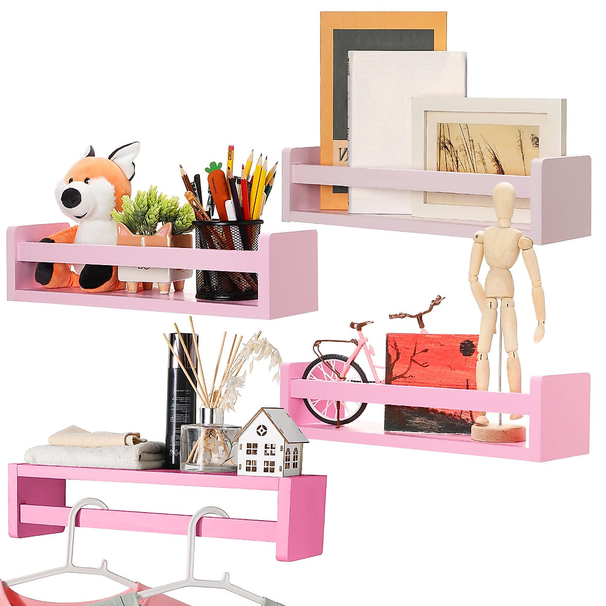 Set of 4 Nursery Book Shelves Floating Bookshelves Nursery Shelves for Wall Book Shelf Organizer Bathroom Storage Rack for Wall Decor(16 in,Gradient Pink)