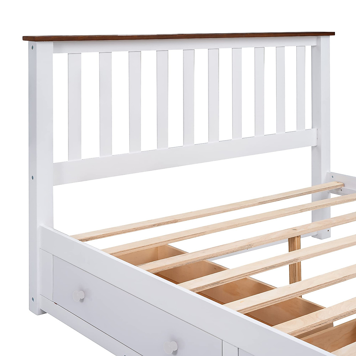 FANYE Queen Size Soild Wood Platform Bed Wooden Bedframe with Two Storage Drawers and Wood Slat Support, White+Walnut