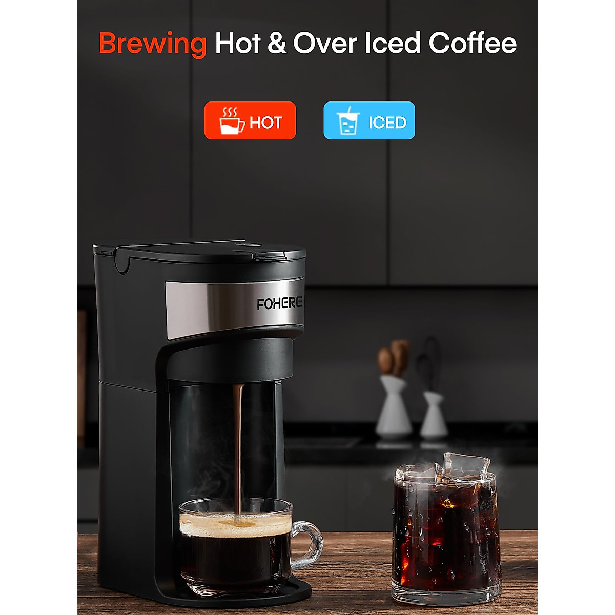 FOHERE Coffee Maker, Single Serve Iced and Hot Coffee Brewer for K Pod & Ground Coffee, with 90s Fast Brewing, 6 to 14 Oz Brew Sizes, 1000W Compact Coffee Machine with Water Window and Descaling Mode