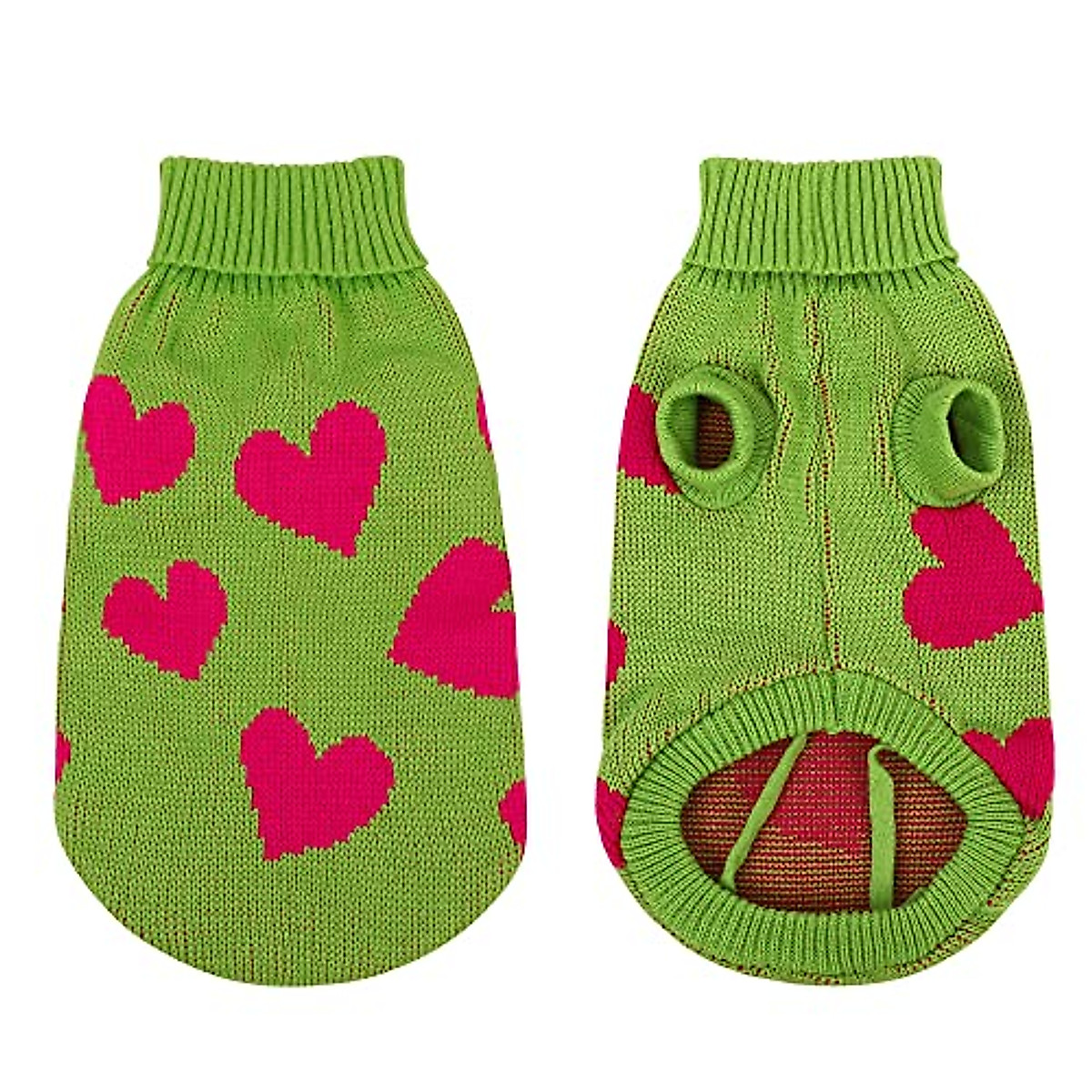 Queenmore Knit Sweater for Dogs, Turtleneck High Elastic Heart Pattern Festival Knitwear with Hind Leg Strings for Small and Medium Dogs (Green,L)