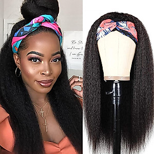 Szphoxer Kinky Straight Headband Wigs for Women Synthetic Headband Wig Long Yaki Straight Hair Wigs With Headband Attached 24 inch Full Machine Made None Lace Front Wig Natural Black Color
