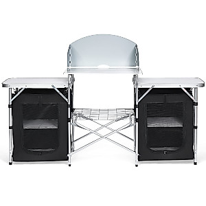 PETSITE Portable Camping Kitchen Table with Storage Organizer, Aluminum Windscreen Folding Cooking Table Camp Kitchen Equipment for BBQ, Party and Picnic, Black
