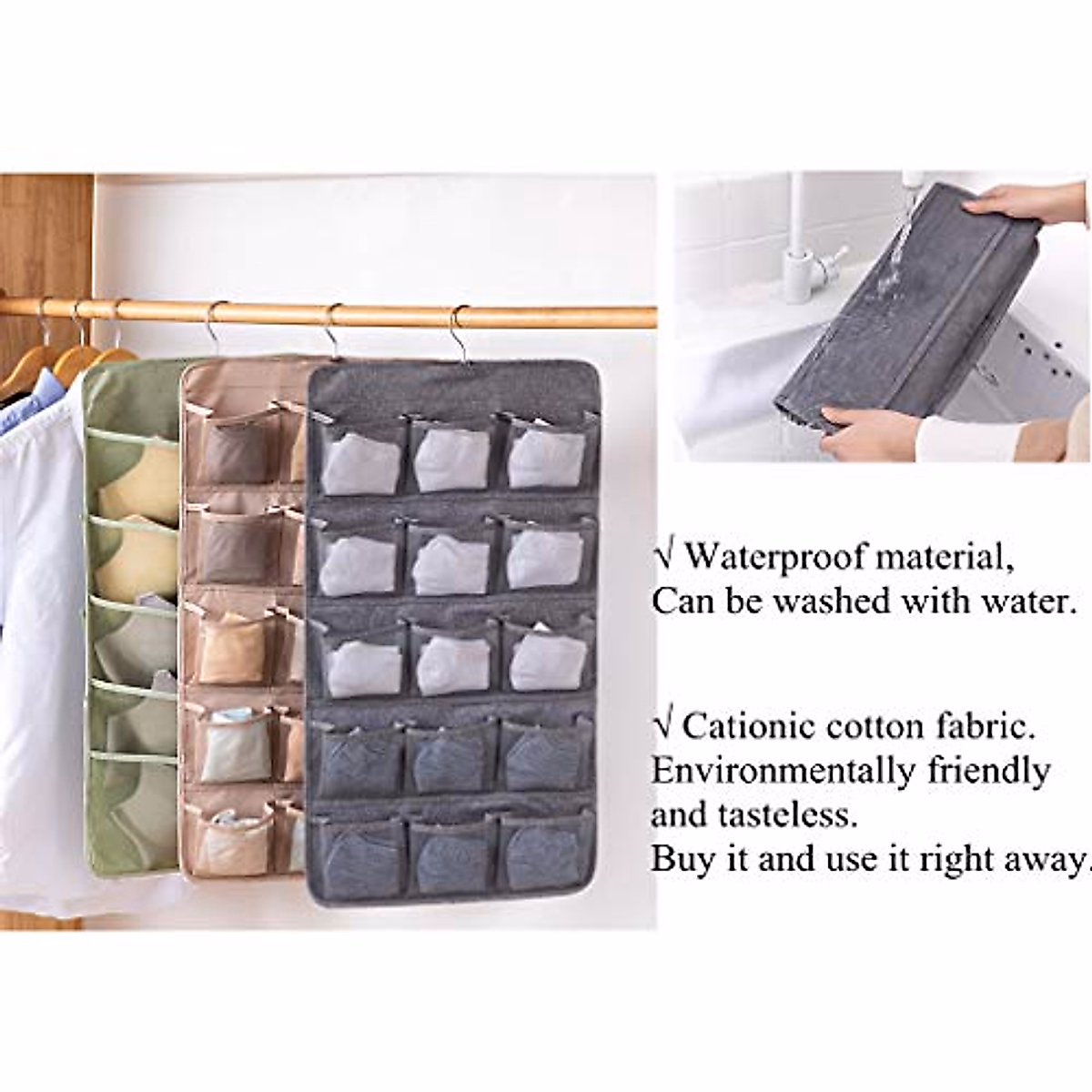 Dual Sided Hanging Underwear Sock Bra Stocking Organizer with 5+15 Mesh Pockets, 3D Pockets Design Durable Space Saver Bag Wall Shelf Wardrobe Storage Bags Holders (Grey)