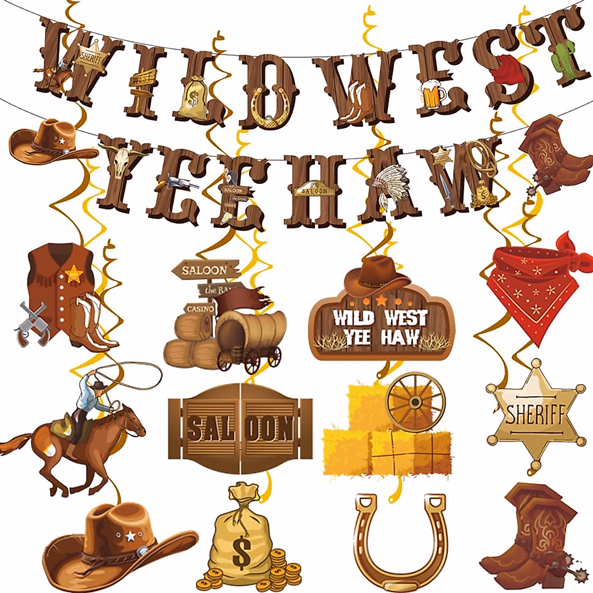 26Pcs Western Party Decorations West Cowboy Banner and West Cowboy Hanging Swirls Yee Haw Ceiling Streamers for Boys Birthday Western Baby Shower Party Decor Supplies
