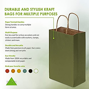 Green Gift Bags – 6x3x9 100 Pack Small Kraft Shopping Bags with Handles, Olive Green Craft Paper Euro Tote Bags for Boutique, Retail, Wedding Guests, Grocery, Birthday, Small Business, Bulk