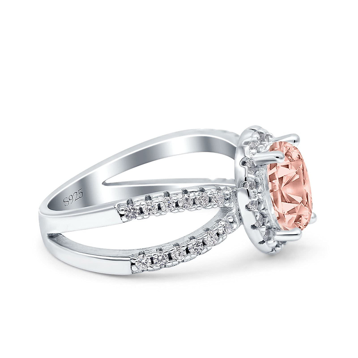 Blue Apple Co. Simulated Morganite Cubic Zirconia Size-10 Split Shank Halo Oval Wedding Engagement Ring Round CZ 925 Sterling Silver