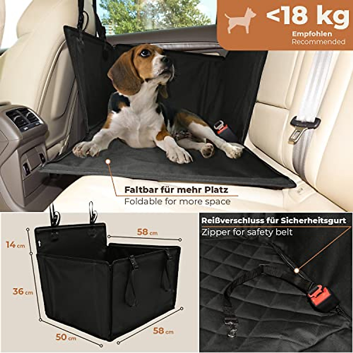 Wuglo Extra Stable Dog Car Seat - Reinforced Car Dog Seat for Medium-Sized Dogs with 4 Fastening Straps - Robust and Waterproof Pet Car Seat for The Back Seat of The Car (M Size, Black)