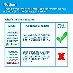 LCL Remanufactured Toner Cartridge Replacement for Lexmark 71B0H10 71B0H20 71B0H30 71B0H40 71B1HK0 71B1HC0 71B1HM0 71B1HY0 CS417 CS417dn CX417 CX417de CS517 CS517de CX517 CX517de (4-Pack KCMY)