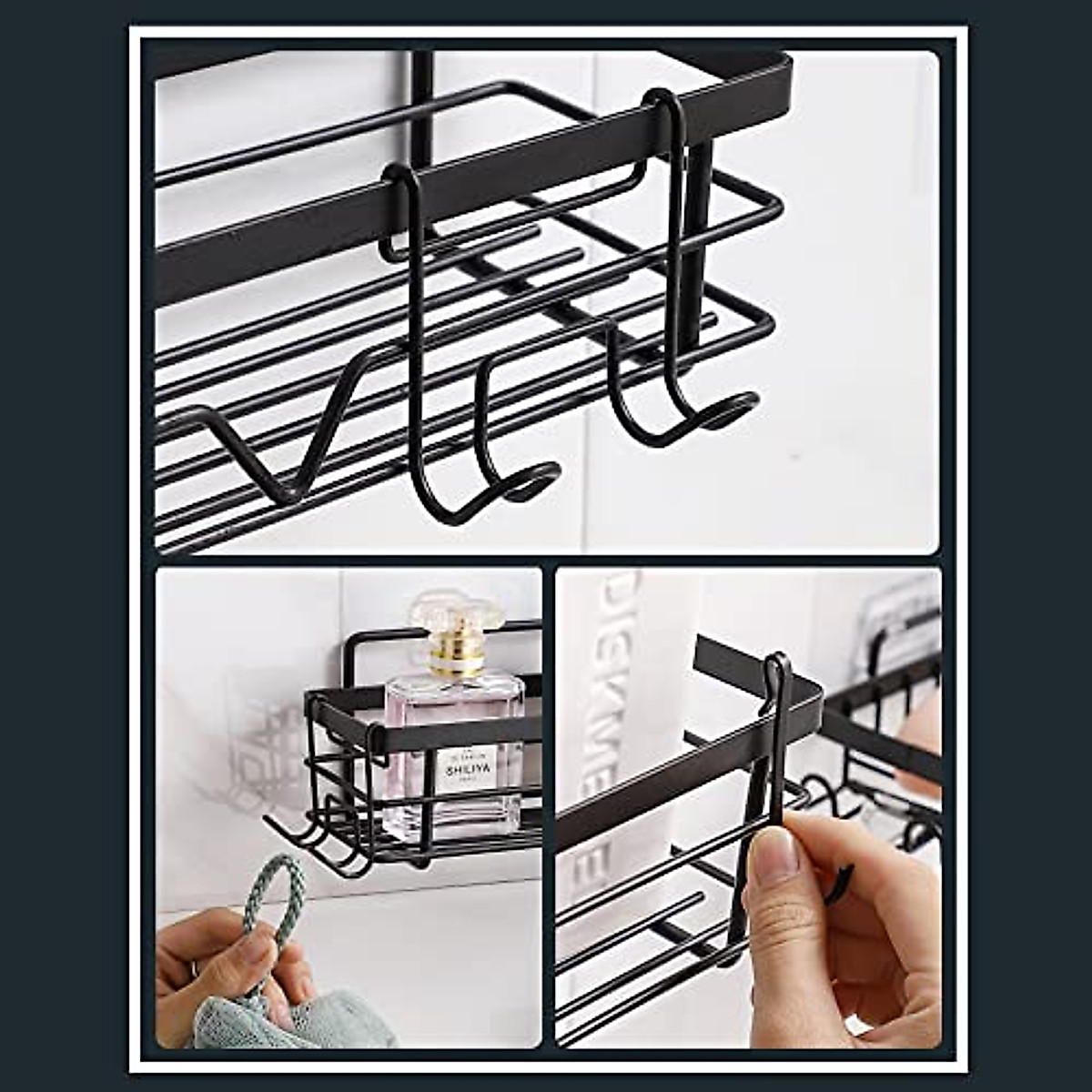 ToNewBe Self Adhesive Shower Shelves, Storage Rack Organizer with 3 Shower Caddy Hooks , Shower Rack No Drilling Wall Mounted Shower Storage Self, 2 Packs Shower Caddy.
