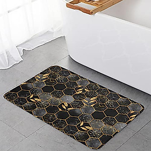 Marble 2 PCS Cushioned Antifatigue Kitchen Mats and Rugs,Black Gold Grey Grid Irregular Comb Plaid Geometric Floor Bath Door Mat Doormat Accent Runner Carpet Washable Comfort Standing Mat 18,48