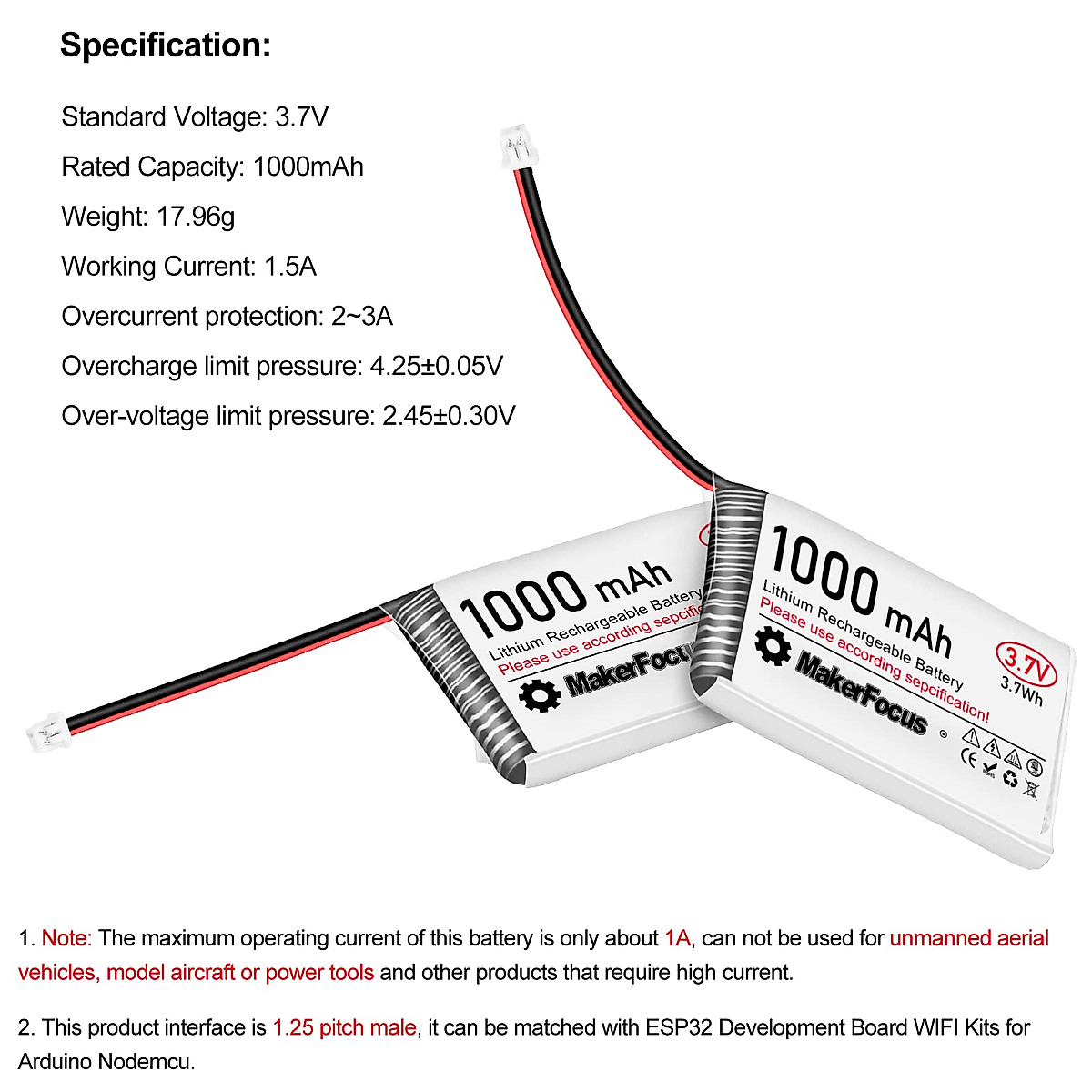 MakerFocus 4pcs 3.7V Lithium Rechargeable Battery JST1.25 Connector 2pin, 952540 3.7V 1000mAh Battery with Protection Board and Insulated Rubber Tape Compatible with ESP32 Development Board