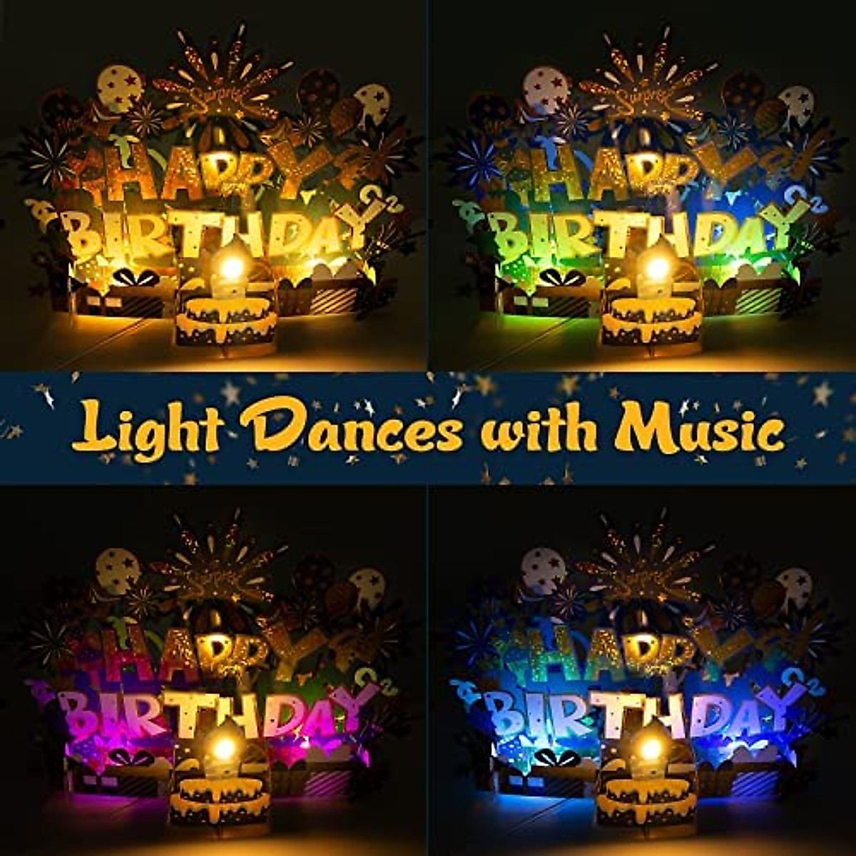 INPHER Large Birthday Card Light and Music Pop Up Happy Birthday Card Musical Birthday Gift Greeting Cards Birthday Cards for Mom, Dad, Husband, Wife, Sister, Navy Blue