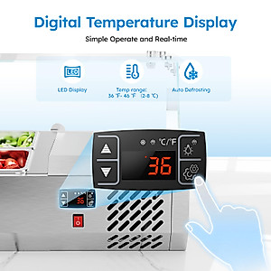 Mojgar Refrigerated Condiment Prep Station, 40 Inch Salad Bar Prep 304 Stainless Body, Sandwich Prep Table with 1 1/3 Pan & 4 1/6 Pans Tempered Glass Shield Auto Defrost