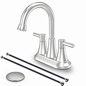 Bathroom Faucets for Sink, Gomylifer Bathroom Sink Faucet 2 Handle，4 Inch Centerset Sink Faucet with Pop Up Drain and Supply Hoses,Stainless Steel 360 Swivel Spout, Lead-Free, Brushed Nickel