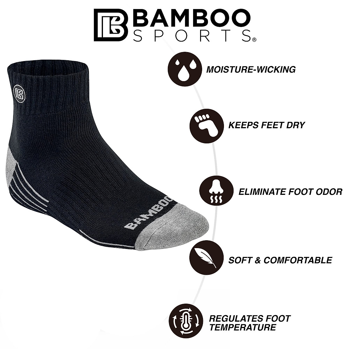 Premium Bamboo Crew Work Socks- Quarter High Moisture Wicking, Odor Eliminating Black Quarter Crew Socks for Men Size 9-12 - 3 Pair