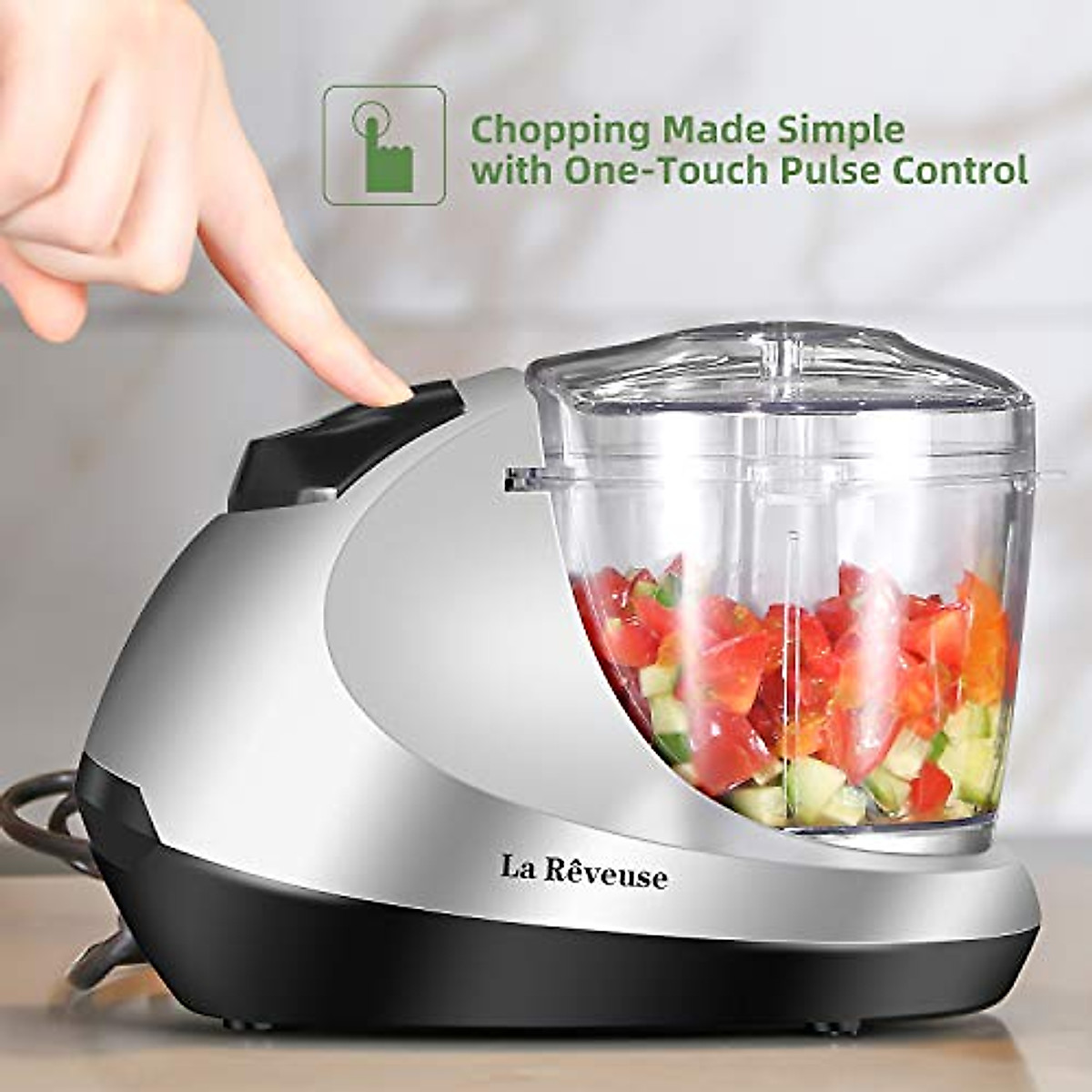 La Reveuse Electric Mini Food Chopper Vegetable Fruit Cutter Meat Grinder Mincer Small Food Processor with 1.3-Cup Prep Bowl, Silver