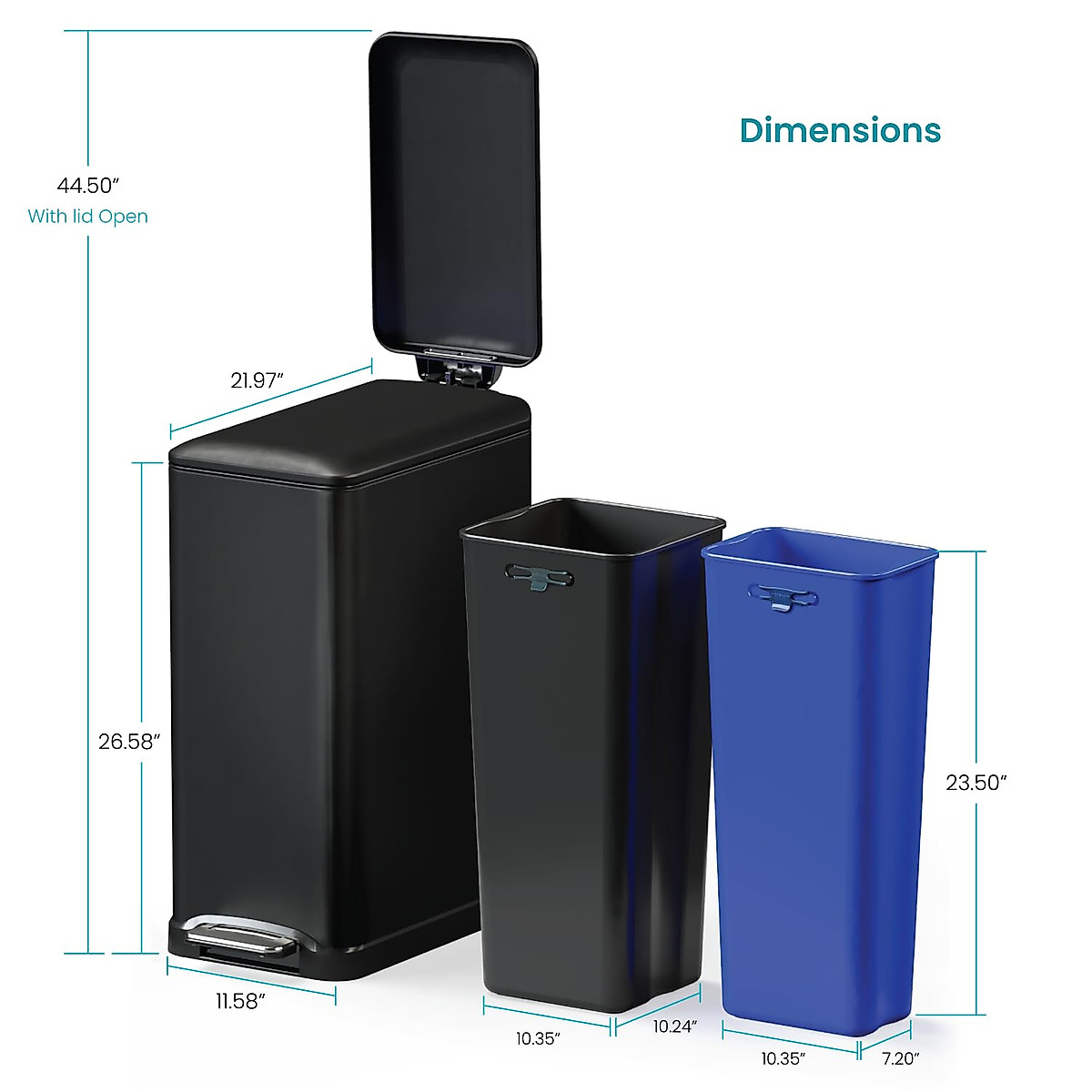 Home Zone Living 13 Gallon Slim Dual Compartment Kitchen Trash Can, Stainless Steel, Step Pedal, 50 Liter, Black