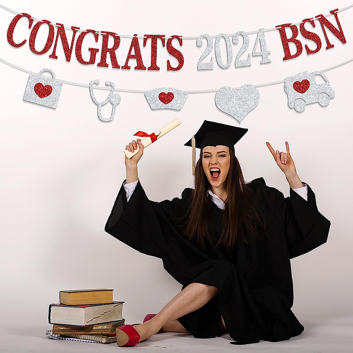 Congrats 2024 BSN Banner - Nurse Grad Party Decoration Supplies - Nursing School Survivor Graduation Party Bunting Sign/Photo Props, Silver and Red Glitter