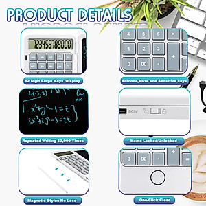 Hion Calculators,12-Digit Large Display Rechargeable Pocket Office Desktop Calculator with Erasable Wiriting Tablet,Mute Basic Desk Calculators with Doodle Pad for Student Home School,White
