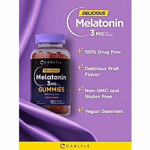 Carlyle Melatonin Gummies 3mg | 90 Count | Fruit Flavor Gummy Supplement | 100% Drug Free Support | Vegan, Non-GMO, Gluten Free