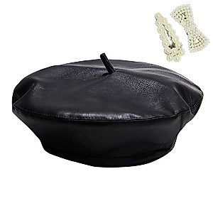 MINGSEECESS Women PU Leather French Black Beret Hat Causal Beanie Hat