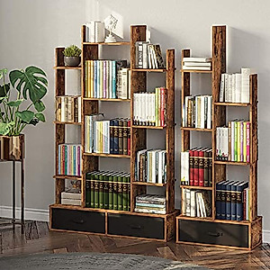 Rolanstar Bookshelf with Drawer, Rustic Wood Bookshelves, Free Standing Book Shelf Industrial Shelf Free Standing Storage Shelf for Bedroom, Living Room, Home Office, Rustic Brown