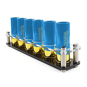 HUNTPAL 12 Gauge Shotgun Shell Shot Glass Set of 6 Green Shot Glasses with Acrylic Tray Holder Gift Box Blessing Cards, Cool Novelty Funny Gift Set Bar Party Decoration for Men Hunter Shooter (6 Blue)