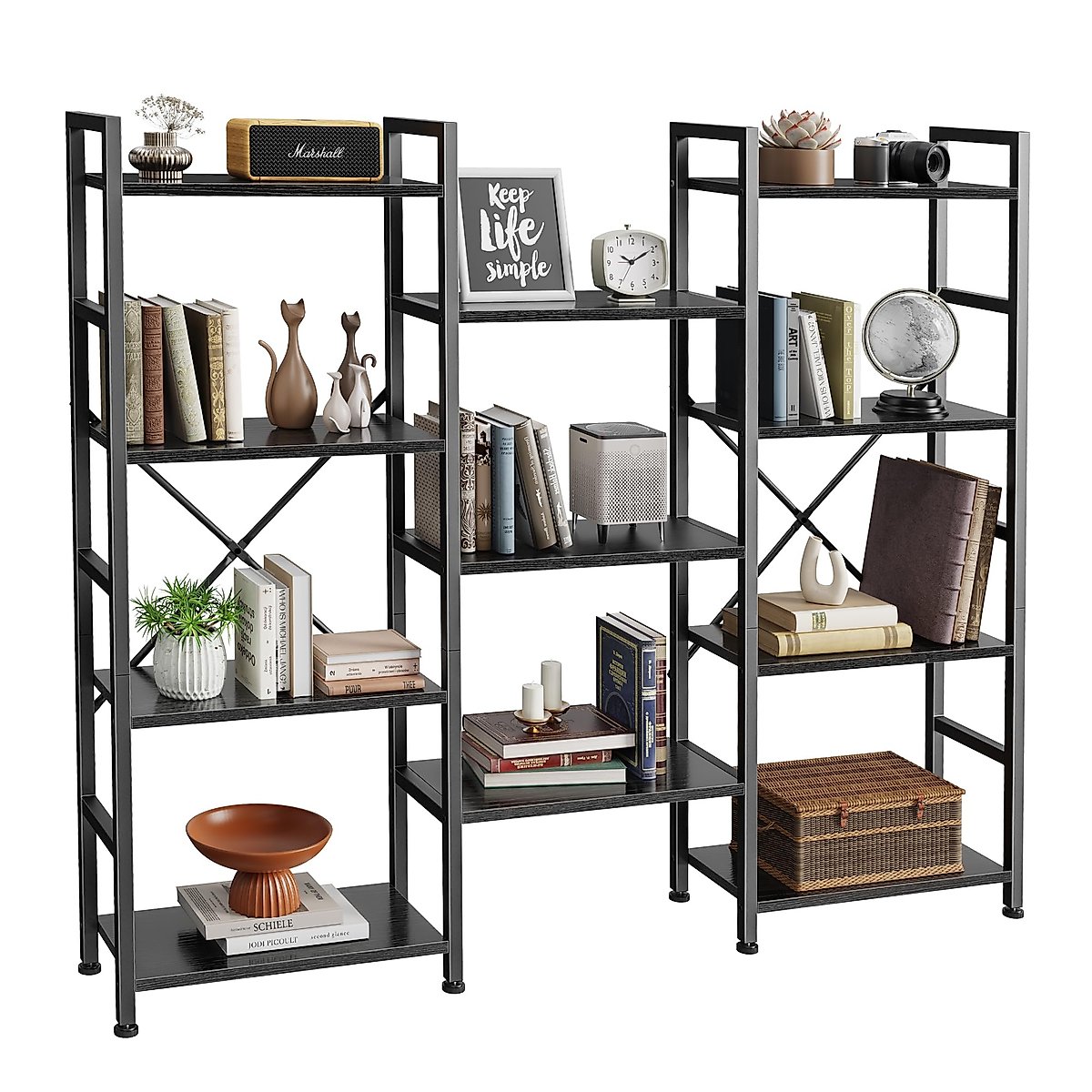 SUPERJARE Triple 5 Tier Bookshelf, Bookcase with 14 Open Display Shelves, Ladder Bookshelf, Wide Book Shelf Book Case with Steel Frame, Wood Board, for Home & Office, Dark Brown